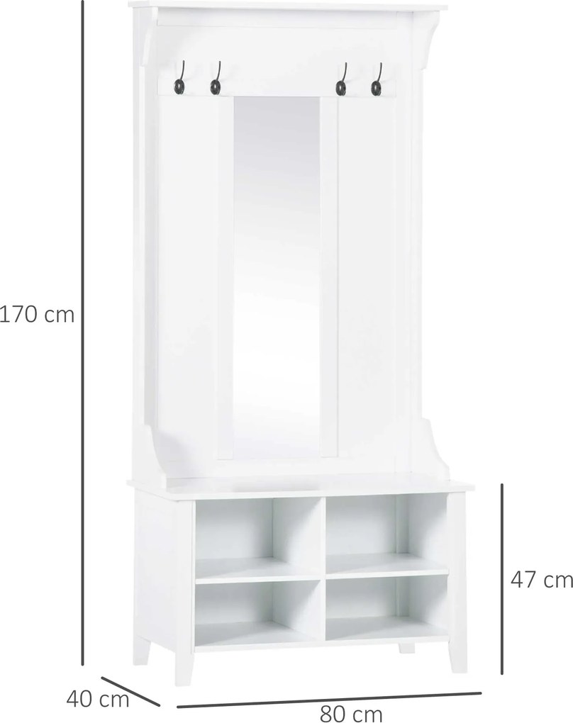 HOMCOM Stojan na kabáty se zrcadlem a botníkem, 4 háčky, dřevo 80x40x170cm bílý
