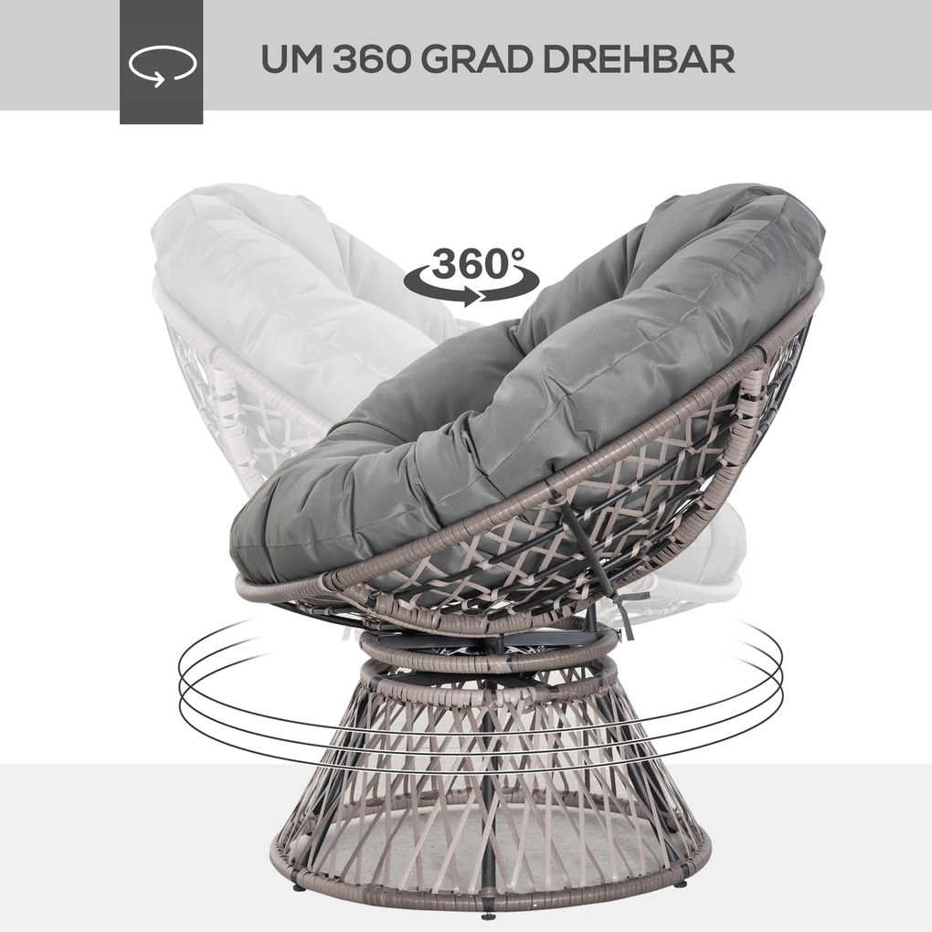Outsunny Synthetic Rattan Otáčecí Papasan Křeslo Oválné Wicker PE Křeslo s Polštářem a Ocelovým Rámem Nosnost 160 kg pro Zahradu, Patio, Terasu 87x97…