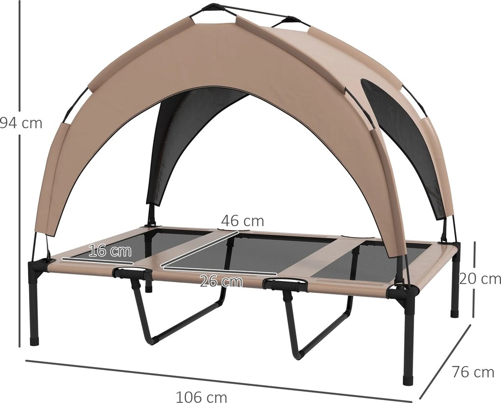 PawHut Vyvýšená Postel pro Psy s Slunečníkem – Velká Postel s Ocelovou Rámem a Taškou pro Vnitřní a Venkovní Použití 106x76x94 cm Hnědá