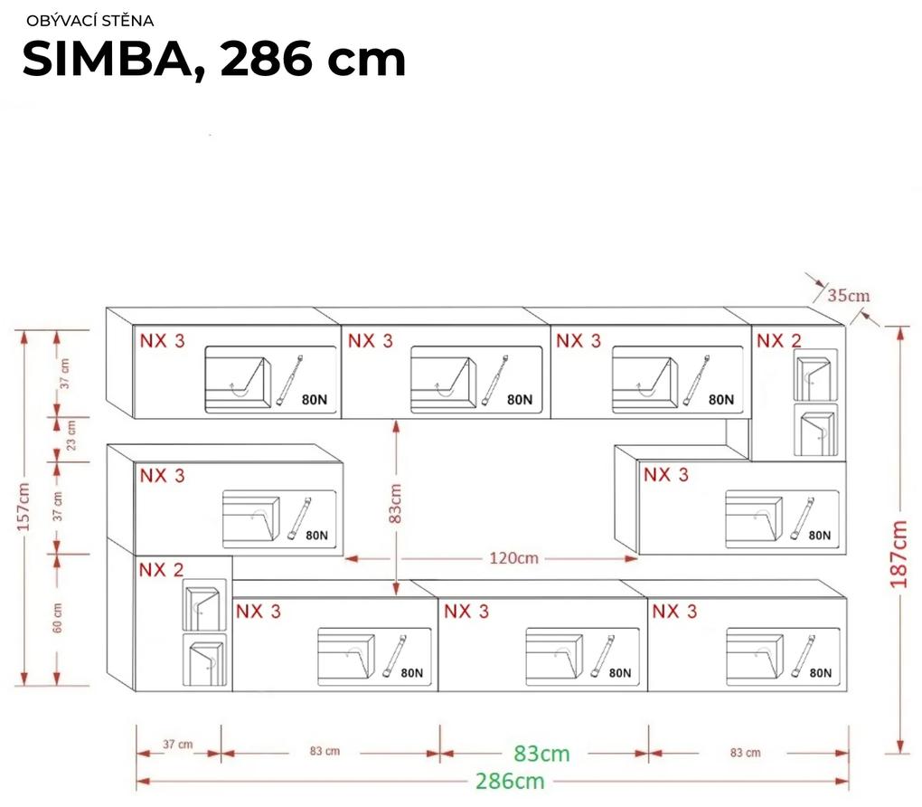 Ral Obývací stěna SIMBA 11, 286 cm - Černo/bílý lesk