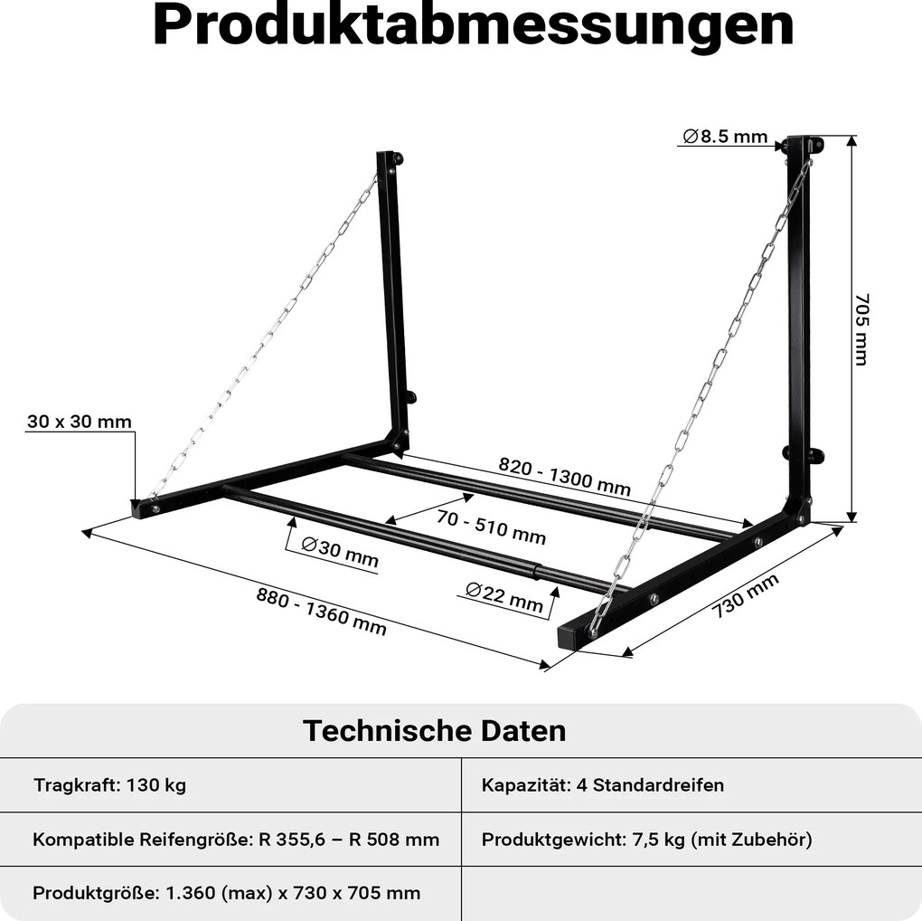 Držák pneumatik Wiltec – 130 kg, černá (51484)