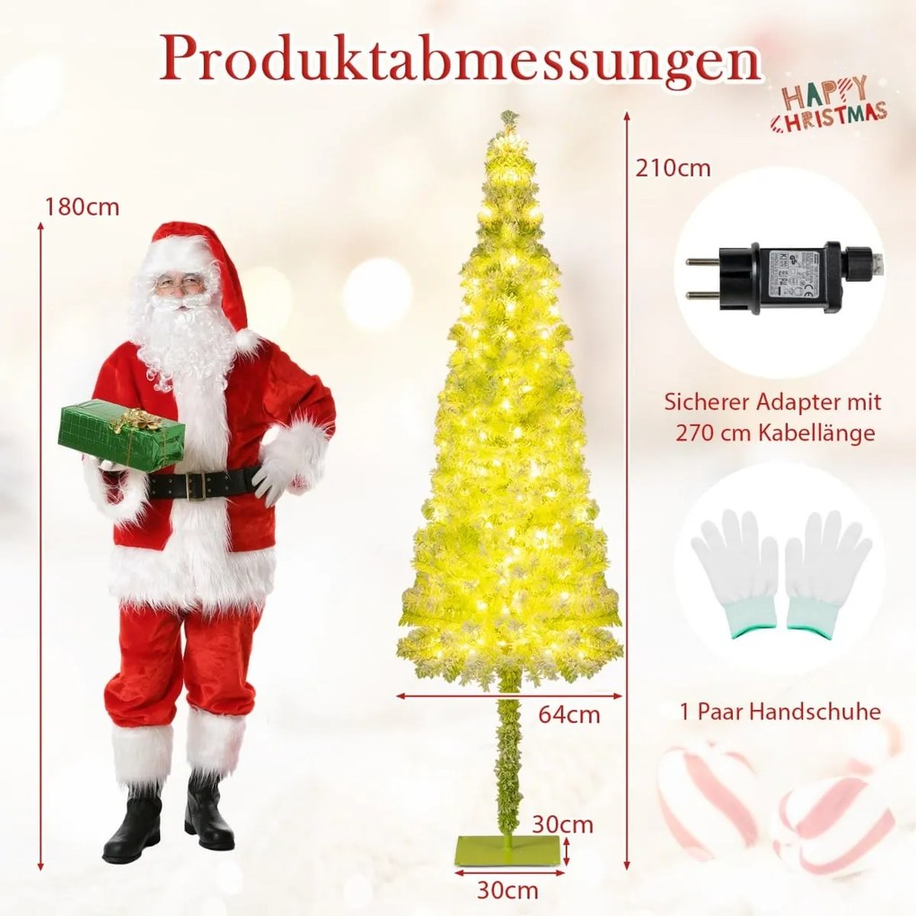 Costway 210 cm Umělý vánoční stromek se světly a sněhovou jedlí s ohýbatelnou