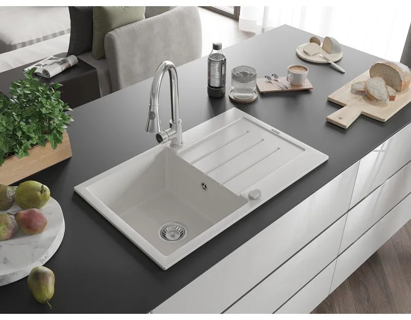 Mexen Bruno, 1-komorový granitový dřez 795x495x200 mm a dřezová baterie Elia, bílá, 6513-20-670101-00