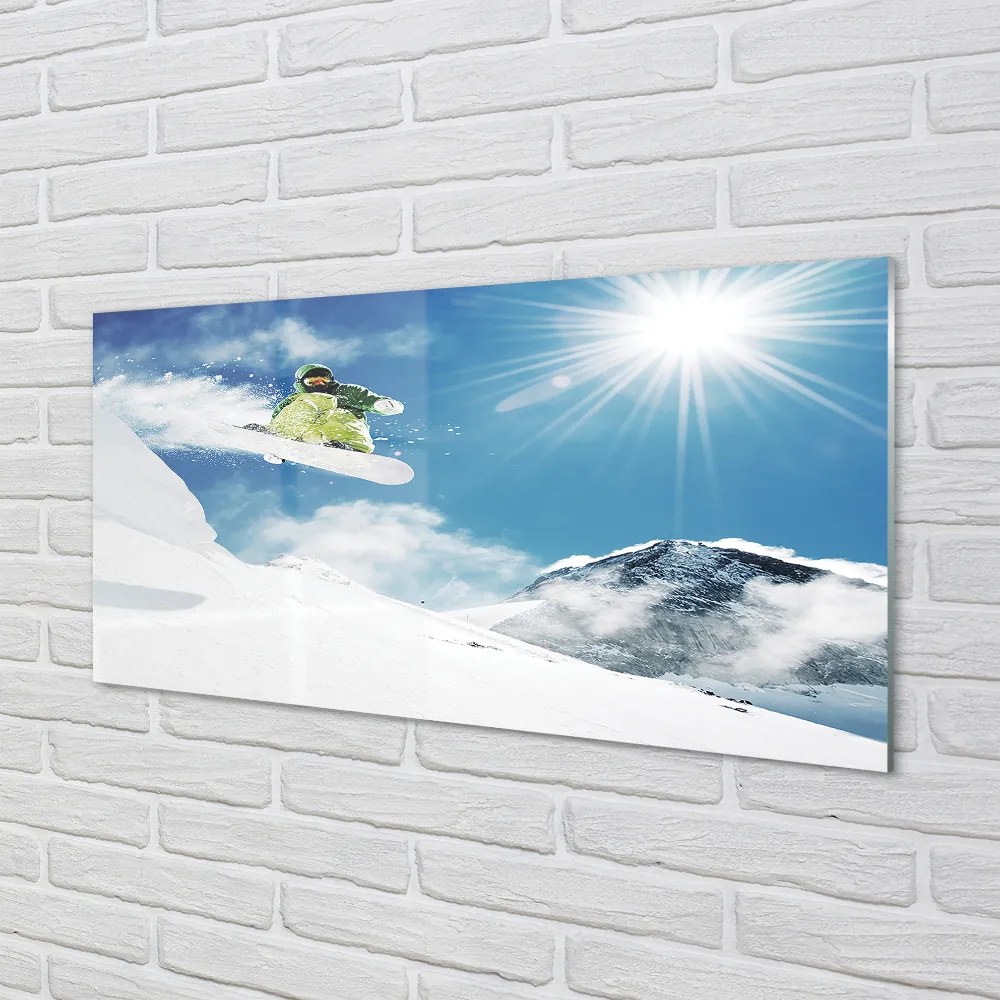 akrylový obraz Man mountain snow board 100x50 cm