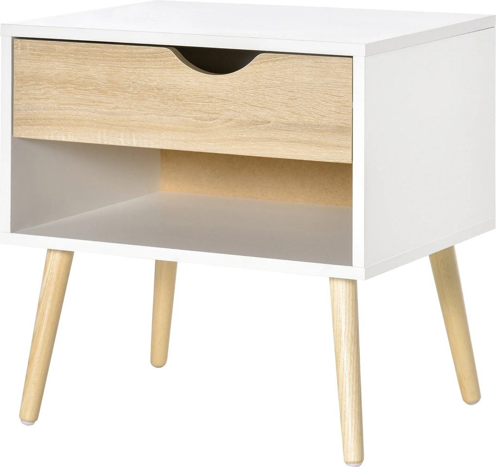 HOMCOM Noční stolek s šuplíkem, moderní design, nohy z masivu, 50 x 39 x 51 cm, bílý a přírodní dřevo