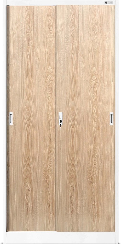 Kovová kancelářská skříň s posuvnými dveřmi, bílá/dub sonoma, 900x1850x400 mm: KUBA Eco Design