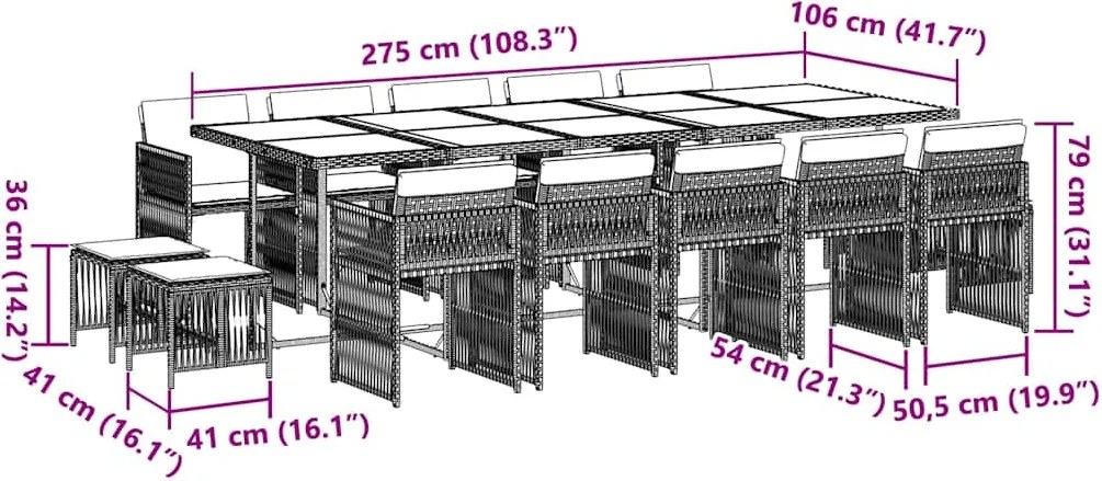 15dílný zahradní jídelní set s poduškami šedý polyratan 3211712