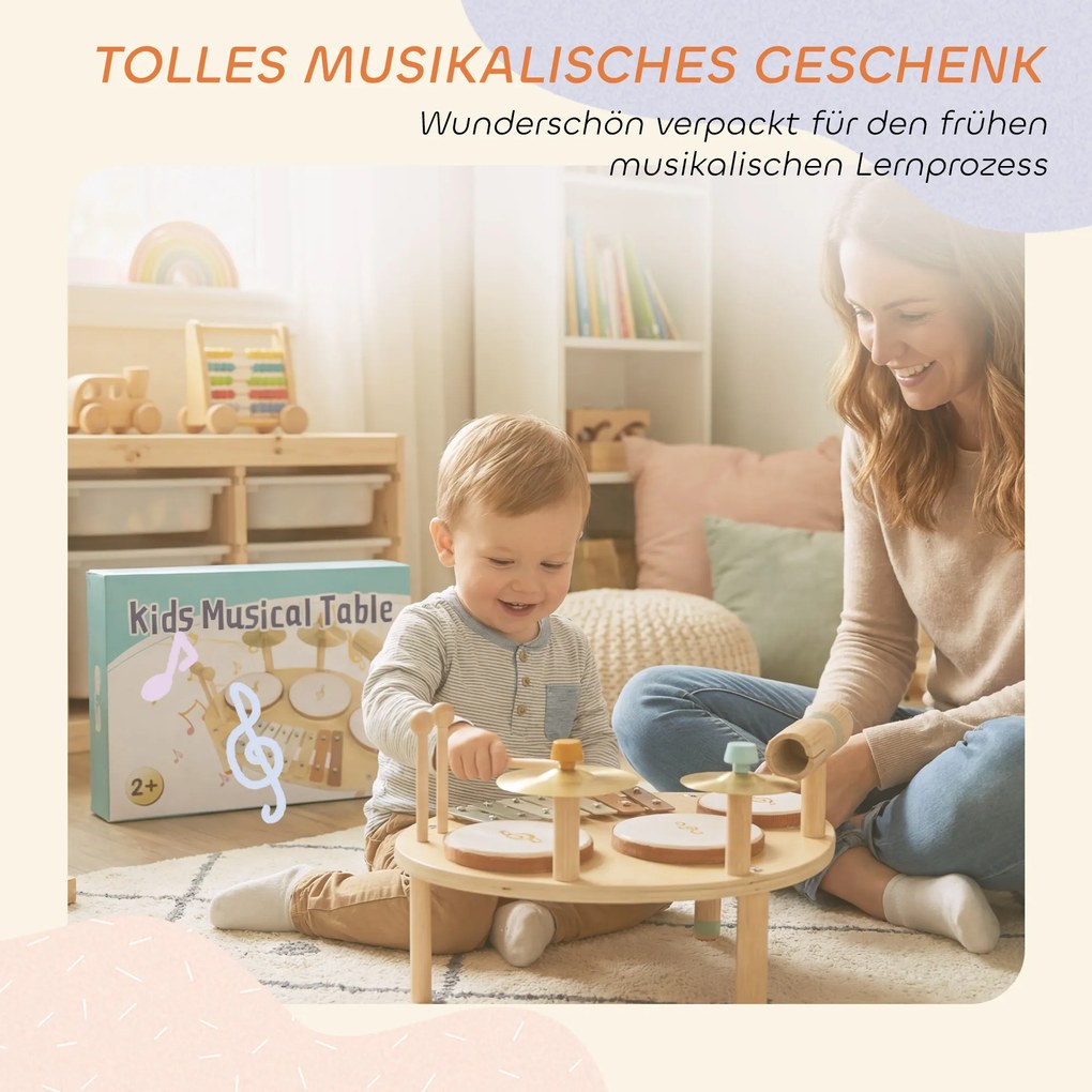 AIYAPLAY dětské bicí 4-v-1 Montessori sada hudebních nástrojů s bubny, xylofonem a perkusními nástroji pro děti od 2 let