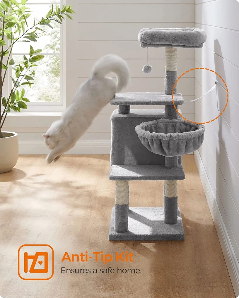 Škrabací sloup, víceúrovňový kočičí strom 110 cm, světle šedý | feandrea