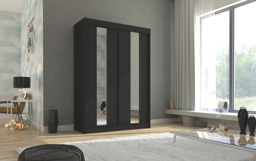 Černá šatní skříň s posuvnými dveřmi a zrcadlem 150 Bery