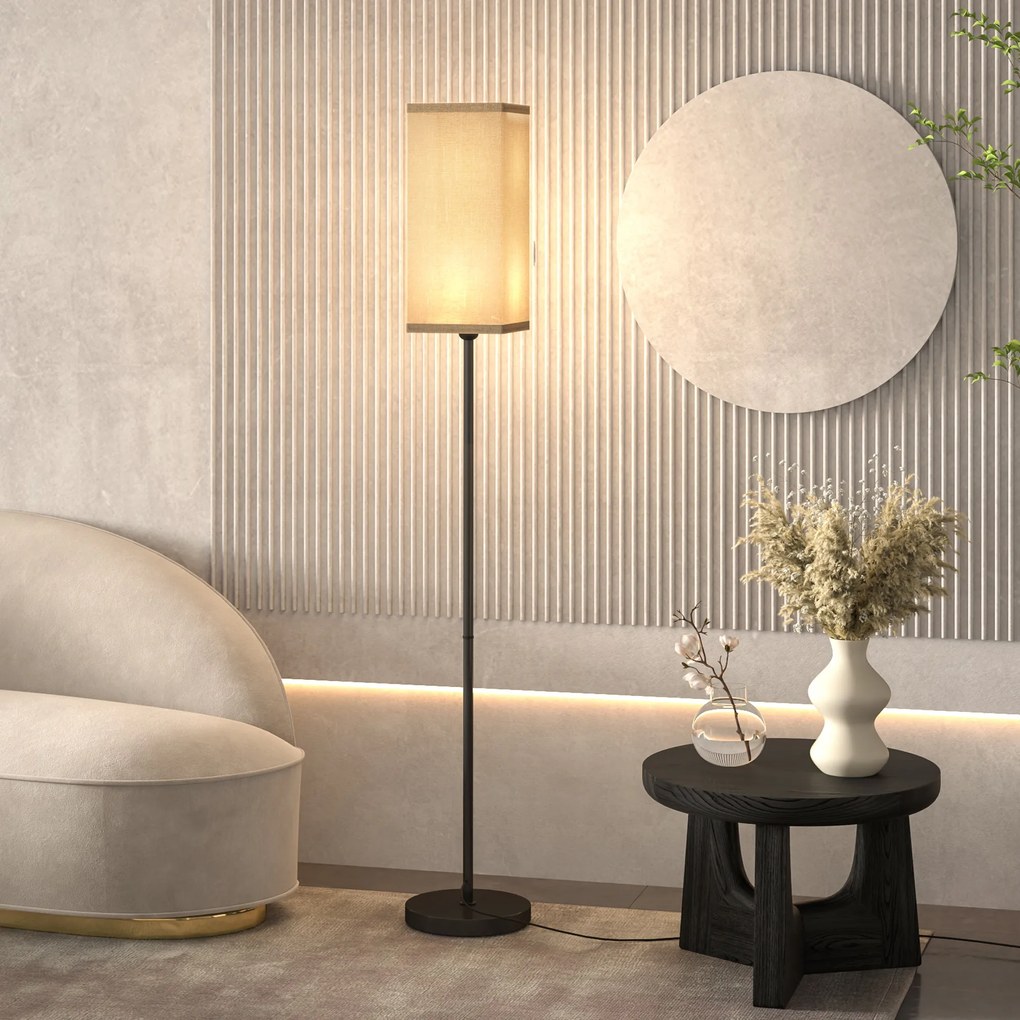 HOMCOM Moderní stojací lampa s textilním stínidlem a nožním vypínačem, pro obývací pokoj a ložnici, kov, černá