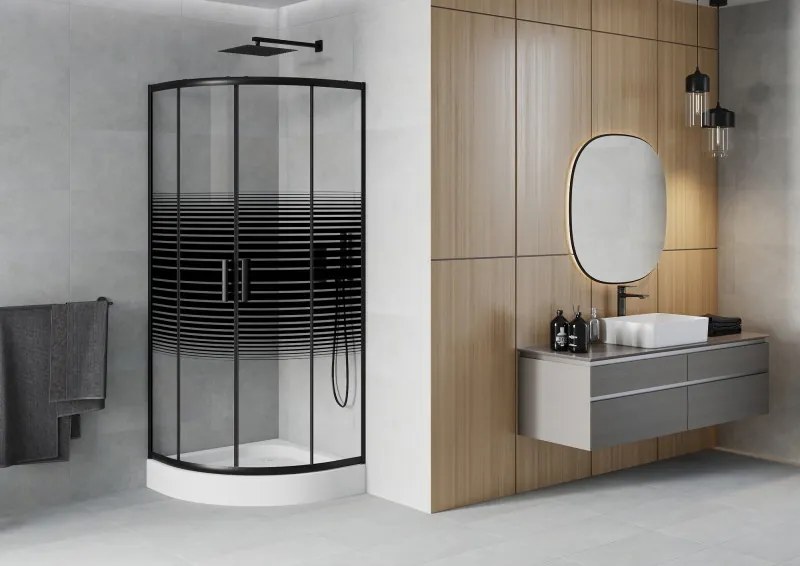 Mexen Rio, čtvrtkruhový sprchový kout s posuvnými dveřmi 80 (dveře) x 80 (dveře) x 190 cm, 5mm čiré sklo s pásky, černý profil + bílá sprchová vanička RIO, 863-080-080-70-20-4710