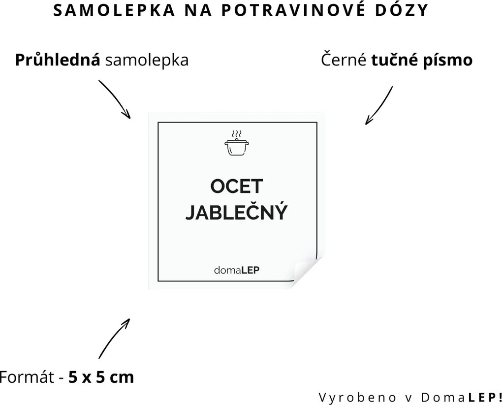 OCET JABLEČNÝ - omyvatelná samolepka na dózu, výběr rozměrů Ø 5 cm / 5 x 5 cm / 6 x 8 cm | DomaLEP tvar: ČTVEREC, barva: PRŮHLEDNÁ - ČERNÉ písmo, velikost: š. 5 cm x v. 5 cm - základní písmo