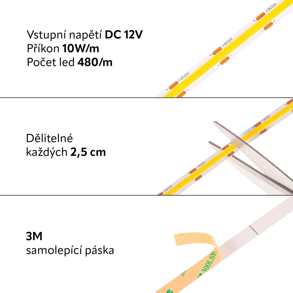 T-LED, LED pásek 12COB10 vnitřní - Teplá bílá