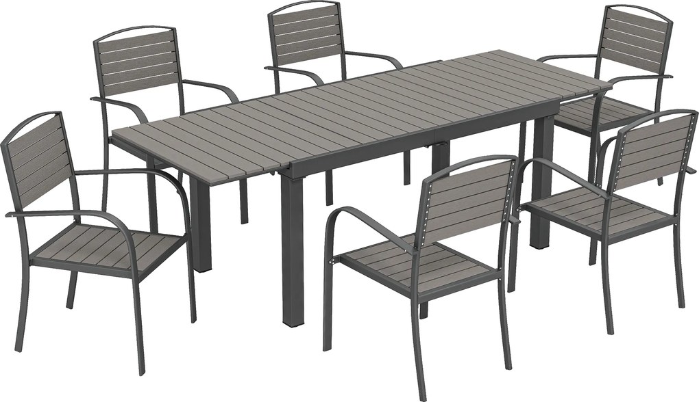 Zahradní set nábytku 7 ks, rozkládací stůl 150–225 cm + 6 židlí, hliník, imitace dřeva, šedý