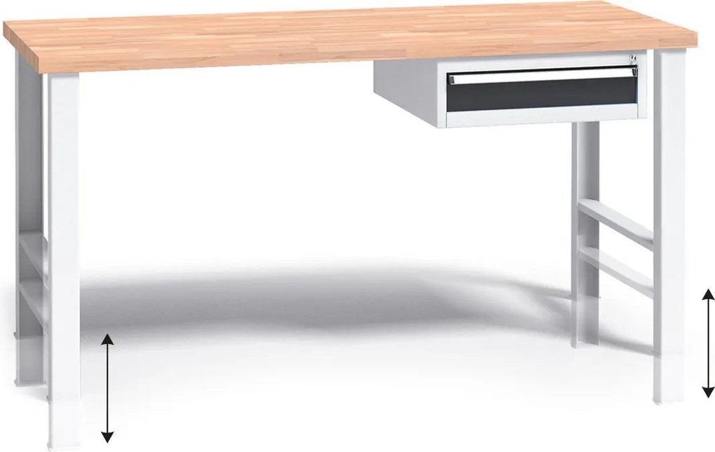 Výškově nastavitelný pracovní stůl do dílny G3 se závěsným boxem na nářadí, buková spárovka, 1 zásuvka, 1500 x 685 x 840 - 1050 mm, grafit
