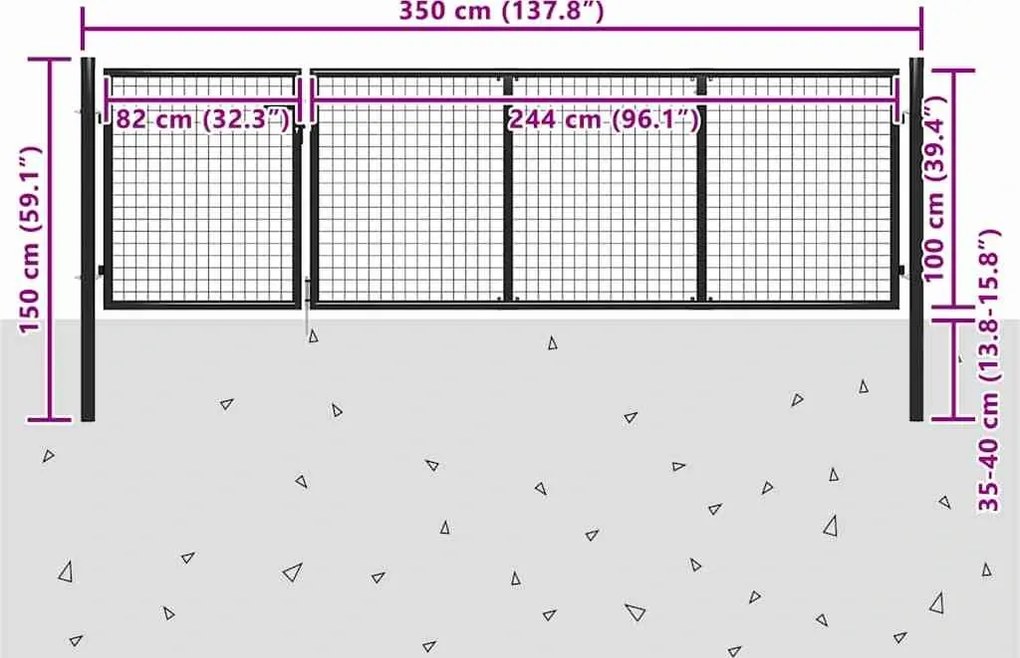 vidaXL Zahradní brána ocelová 350 x 100 cm [144341] Barva: Stříbrná
