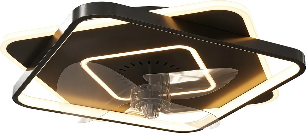 HOMCOM LED stropní světlo s ventilátorem 53 cm – tichý DC motor, 6 rychlostí, časovač, dálkové ovládání, 3 barevné teploty, černé | Aosom