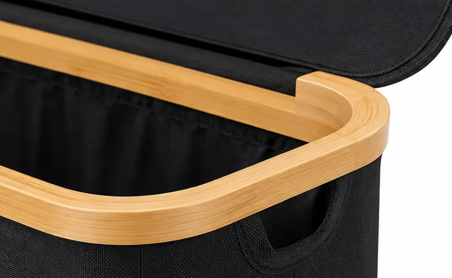 koš na prádlo, objem 100+ l, s víkem, 2 odnímatelné tašky, látka/bambus, 75x43x32 cm, černá/přírodní, Dekorino KP20260003