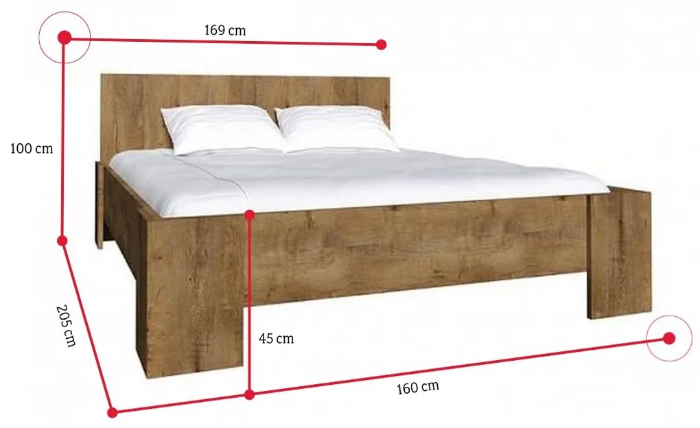 Manželská postel MONTANA L-1 + rošt + pěnová matrace COMFORT 14 cm, 160 x 200 cm, dub Lefkas tmavý