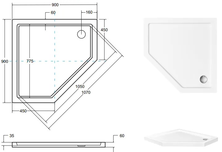 Besco Bergo Slim pětiúhelník 90x90x6 sprchová vanička