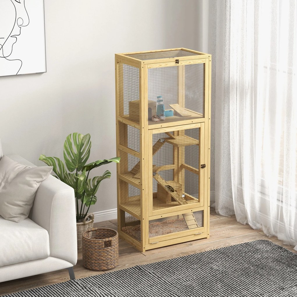 Klec pro křečka nebo myš PawHut, dřevěná pro malá zvířata, 5 úrovní s žebříkem, domeček, houpačka, odnímatelný tác, dávkovač vody, 54 x 38 x 131 cm, …