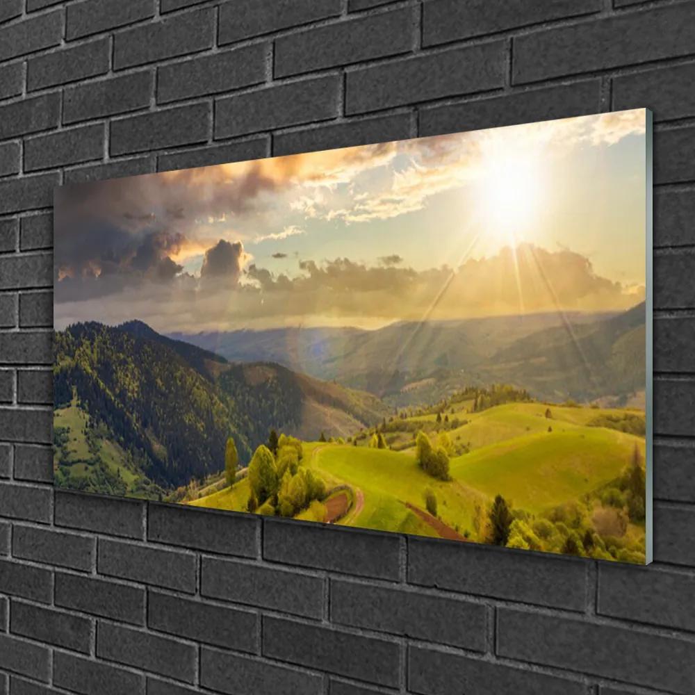 Obraz na skle Hory Louka Západ Slunce 100x50 cm