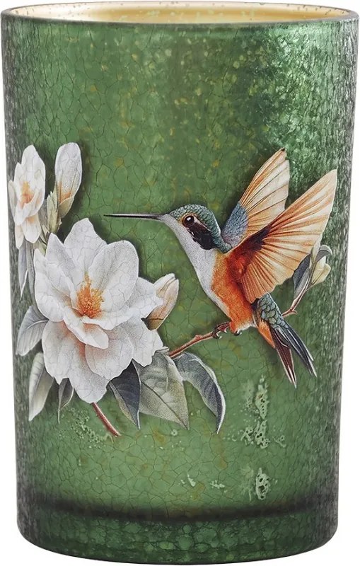 Zelený skleněný svícen Kolibřík s květy L - Ø 12*18 cm