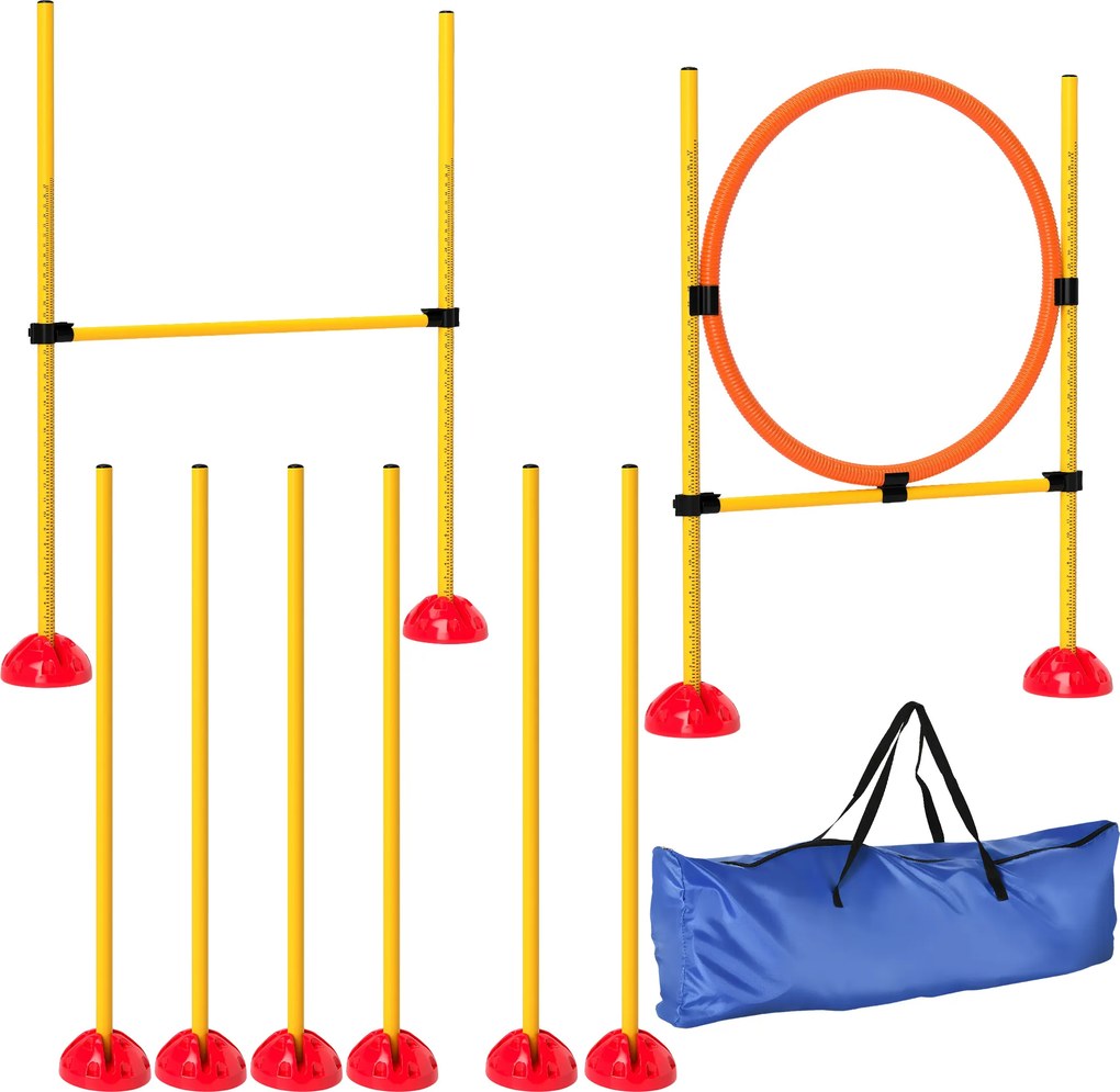 PawHut Agility Set pro psy - 3dílná výbava na agility pro výcvik psů, skokové překážky s nastavitelnými slalomovými tyčemi a kruhy pro koordinaci