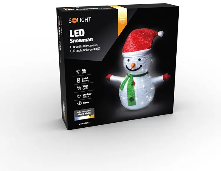 SOLIGHT LED sněhulák venkovní 40LED, teplá bílá, IP44, výška 70cm, 3x AA, časovač