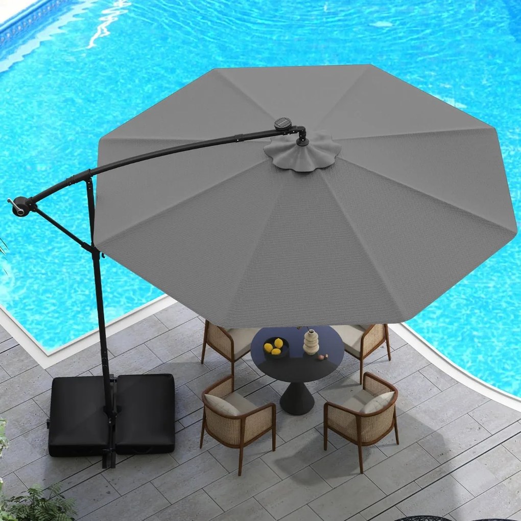 Costway Ø 300 cm konzolový deštník se 40 solárními LED světly a pytli s – šedá