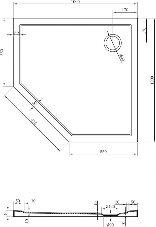 Mexen Flow Slim, pětiúhelníková úzká sprchová vanička 100 x 100 cm, bílá lesklá, 46P101010
