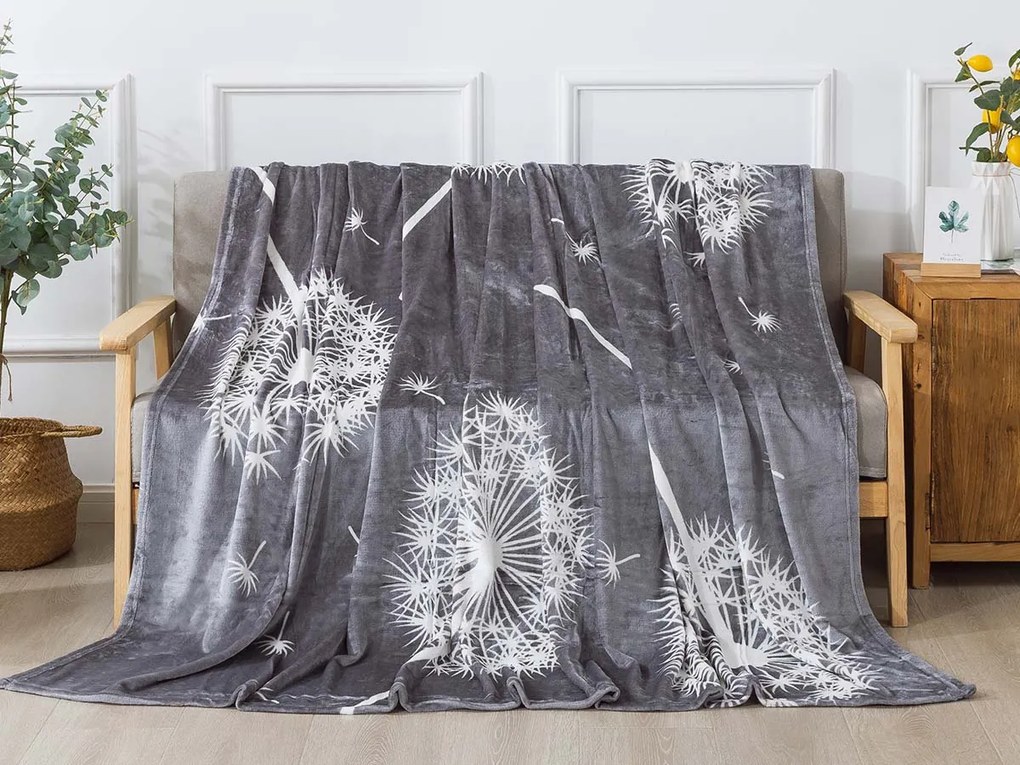 XPOSE® Mikroplyšová deka PAMPELIŠKY - šedá 140x200 cm