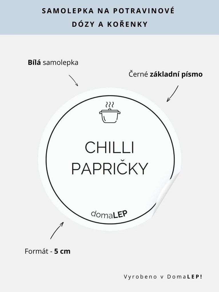 Samolepka na kořenky CHILLI PAPRIČKY bílá 5 cm základní písmo