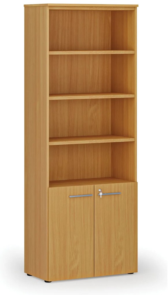 Kombinovaná kancelářská skříň PRIMO WOOD, dveře na 2 patra, 800 x 420 x 2128 mm, buk