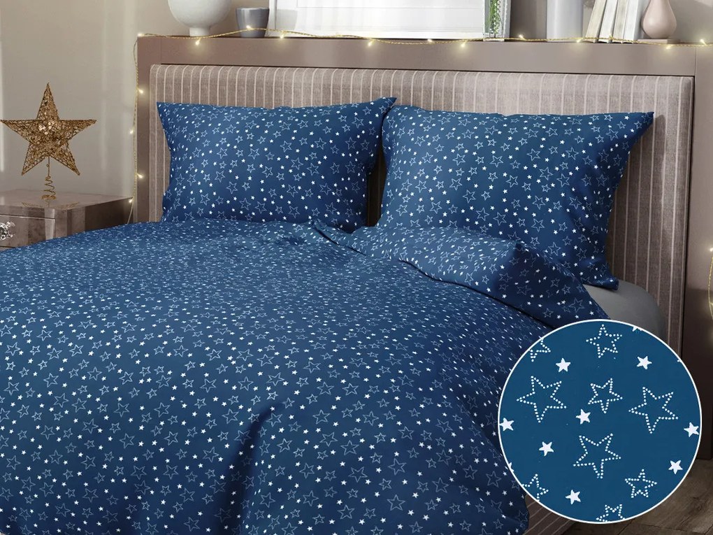 Goldea vánoční bavlněné povlečení - vzor x-16 stříbrné hvězdičky na modrém 140 x 200 a 70 x 90 cm