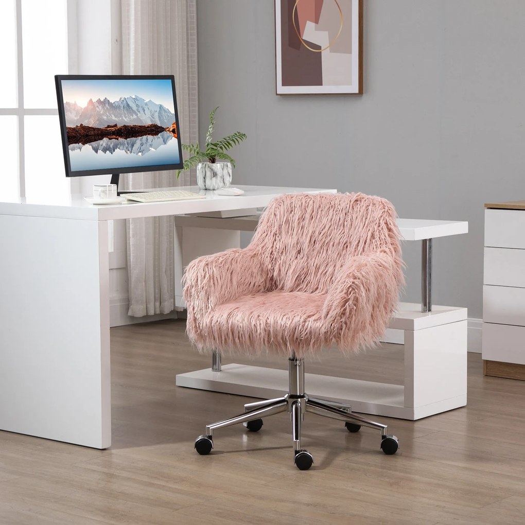 Kancelářská židle Vinsetto pro ženy, výškově nastavitelná kancelářská židle, ergonomická, umělá kožešina, růžová+stříbrná