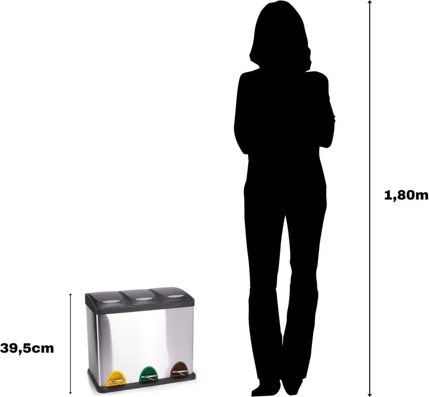 Ocelový odpadkový koš 3x8 l na tříděný odpad/nášlapný v matně stříbrné barvě Tri Selectif – MSV