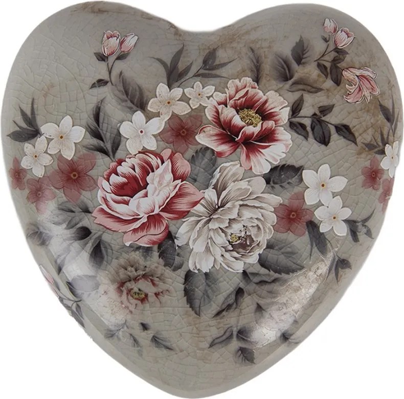 Zelená keramická dekorace srdce s květy Floria L - 11*11*4 cm