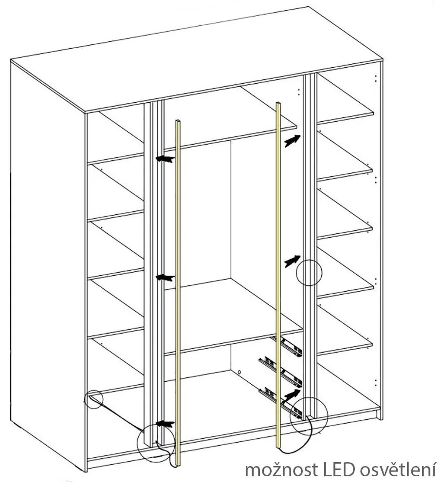 Šatní skříň KAJA 4LU 3S | 200 cm | se zrcadly | VYSOKÁ | černá/evoke