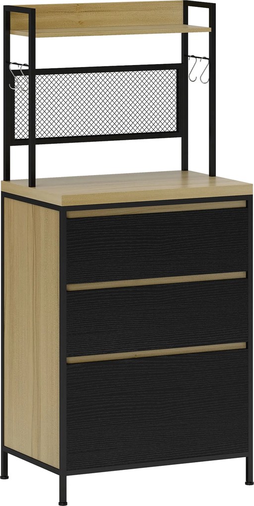HOMCOM Kuchyňská Skříňka Buffet S úložným Prostorem, Průmyslový Styl, 3 Zásuvky, Deska, Polička a 4 Háčky, Mikrovlnná Skříňka do Jídelny a Obývacího …