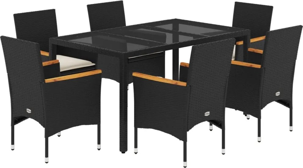 7dílný zahradní jídelní set s poduškami černý polyratan a sklo 3278648