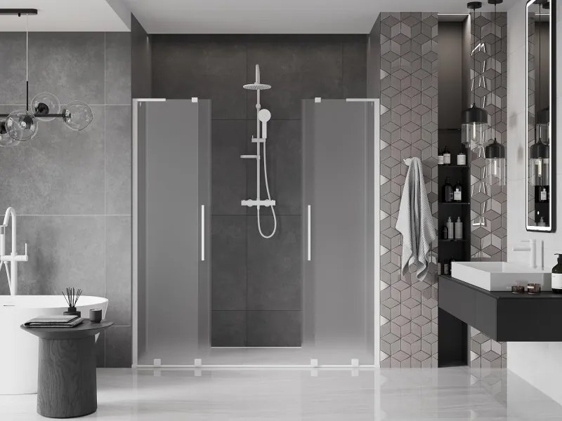 Mexen Velar L Duo, posuvné sprchové dveře do otvoru 180 cm, 8mm sklo námraza, bílá matná, 871-180-003-32-20