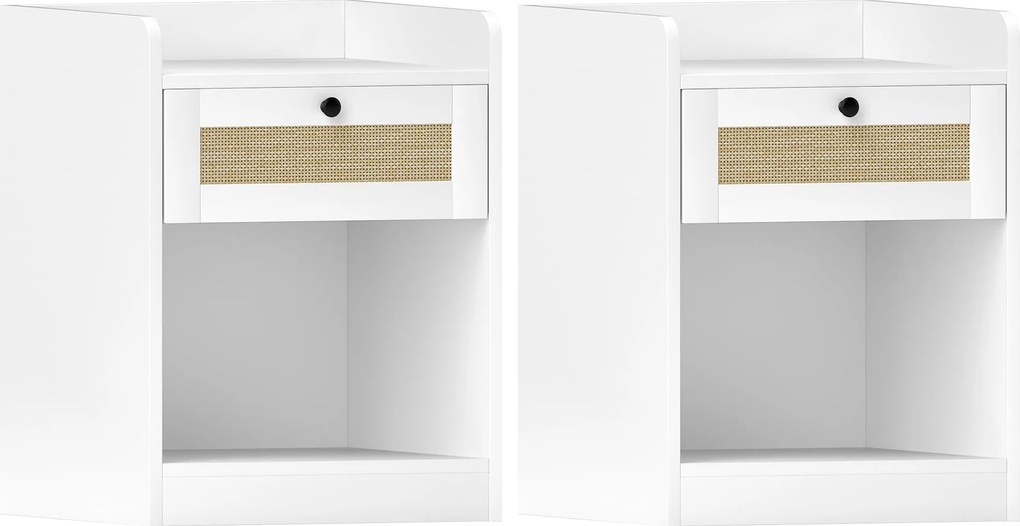 HOMCOM Set 2 Nočních Stolků s Ratanovým Šuplíkem pro Ložnici 40x40x53 cm Bílá | Aosom