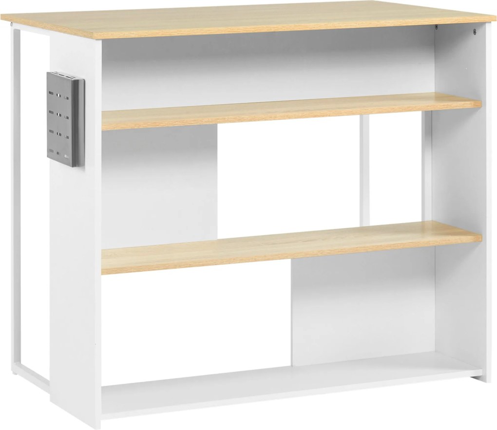 HOMCOM Kuchyňský Barový Stůl se 3 Policemi a Držákem Nožů z Nerezové Oceli, 105 x 65 x 90 cm, Bílá a Přirozená | Aosom