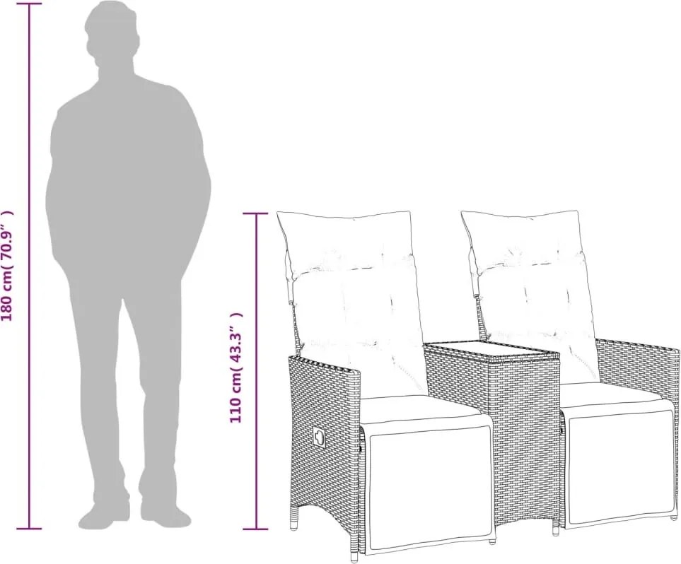 vidaXL Polohovací zahradní pohovka 2místná se stolkem polyratan [365718] Barva: Šedá