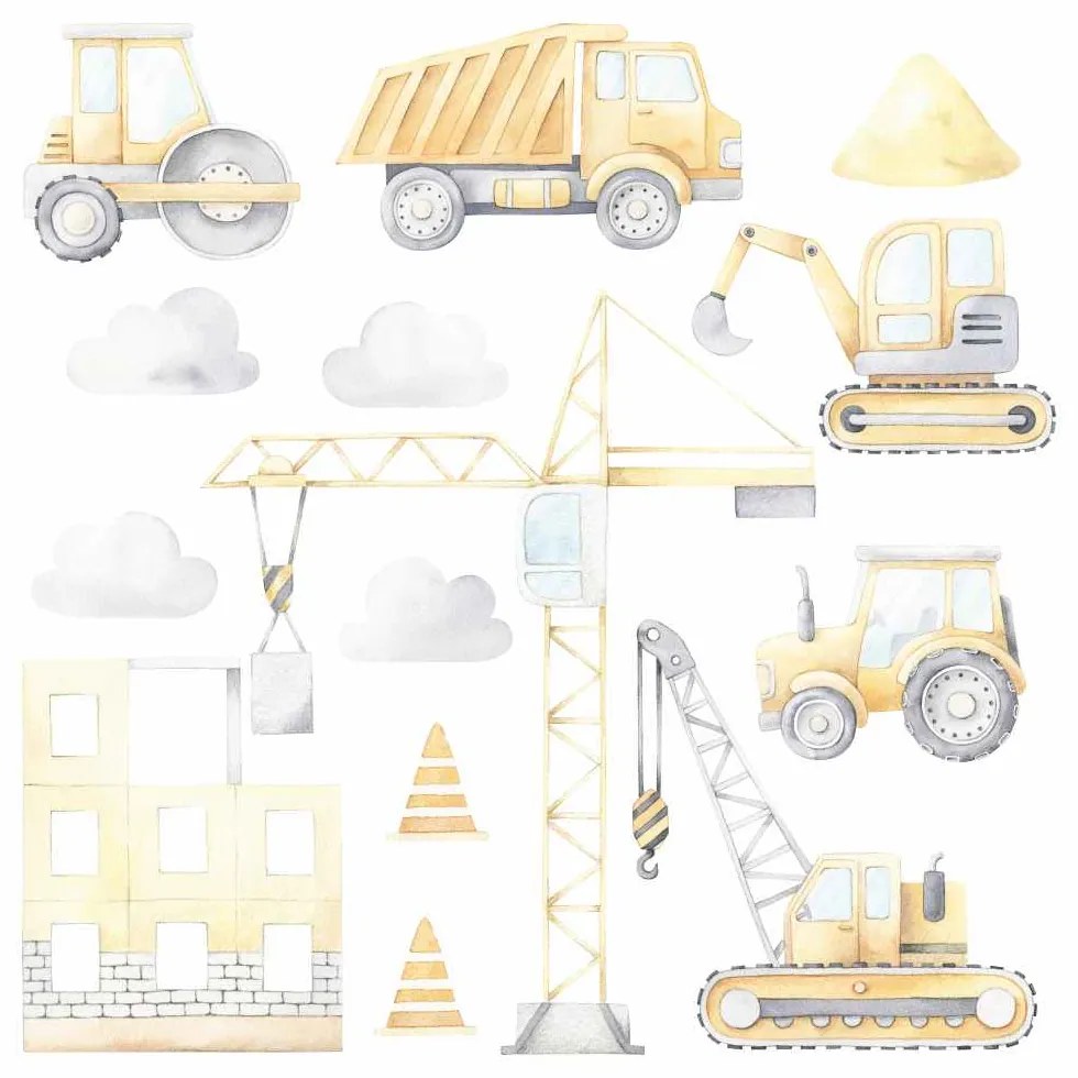 Gario Dětská nálepka na zeď Stavba - bagr, traktor, nákladní automobil a jeřáb