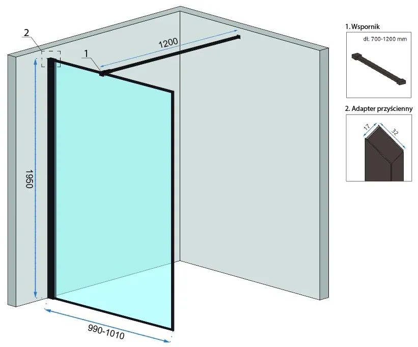 Bezrámová sprchová zástěna REA BLER 100 cm, černá/transparent - bez vaničky