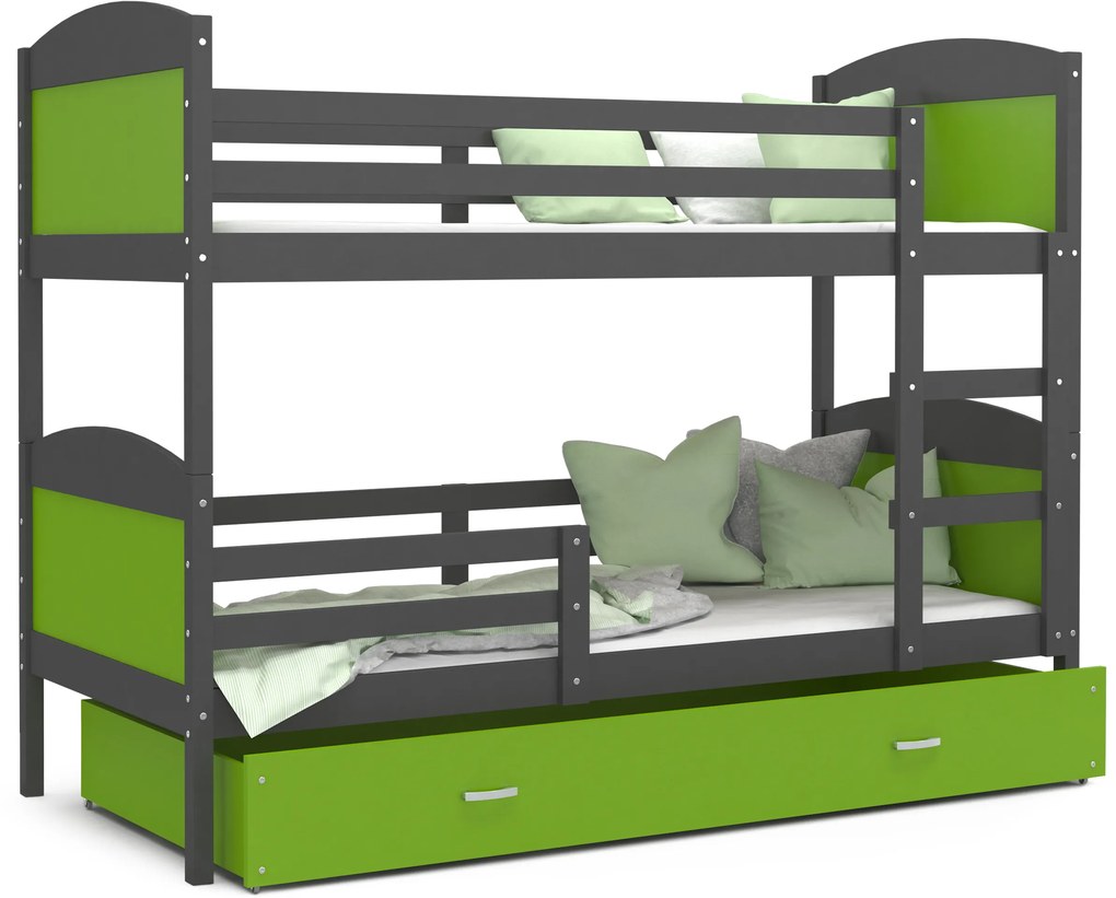 Svět pokojů Patrová postel Maty s úložným prostorem 200x90 cm rám ŠEDÝ/BÍLÝ Matrace: Ano, Barva konstrukce: bílá, Barva dílů: zelená