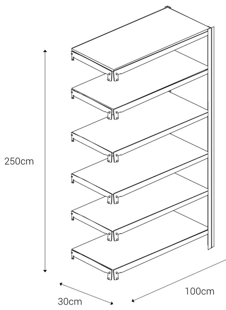 Bezšroubové kovové regál přídavný modul 250x100x30cm T profil, 6 polic